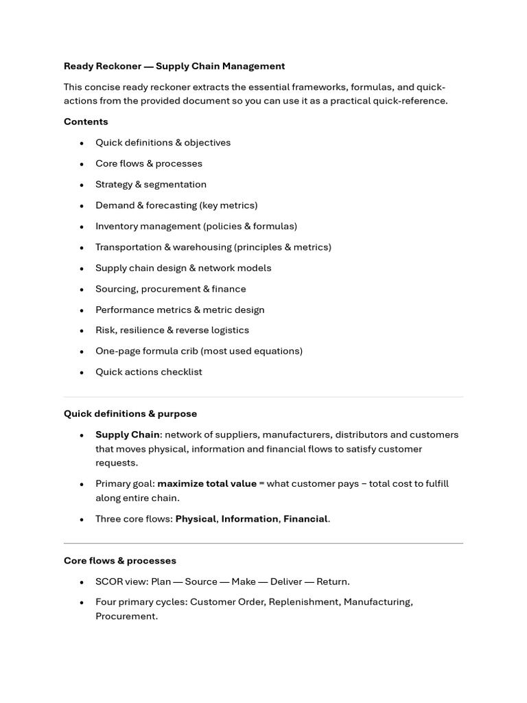 Ready Reckoner-Supply Chain Management | PDF | Supply Chain | Inventory