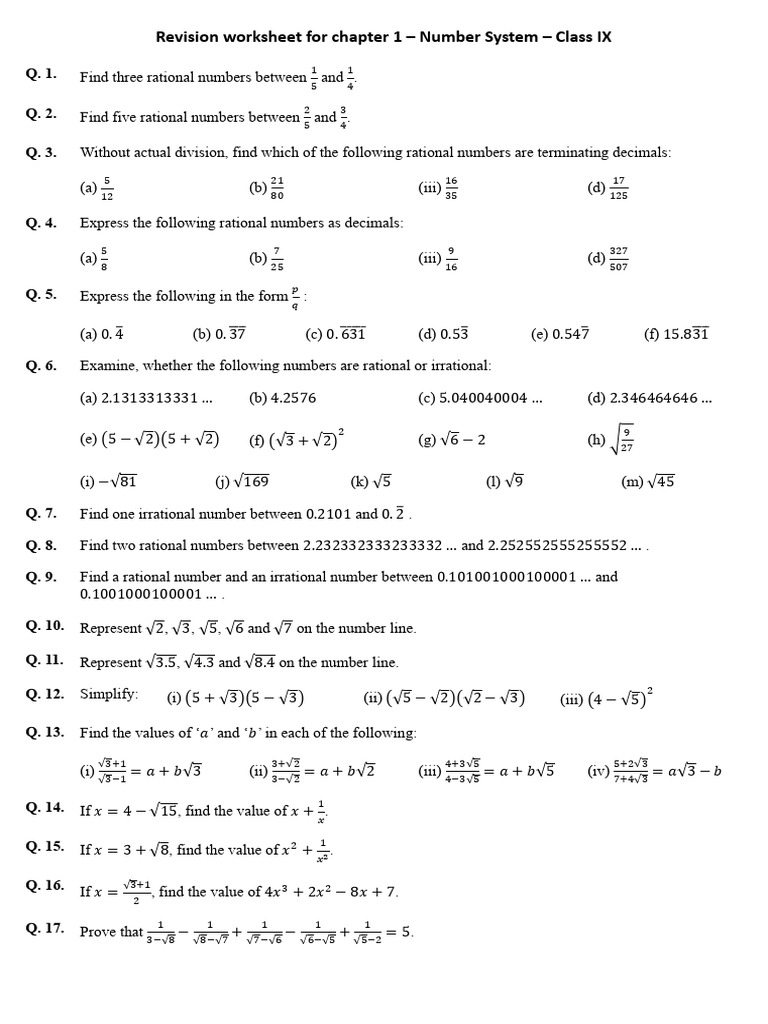 Class IX Number System Revision Worksheet | PDF | Numbers | Arithmetic