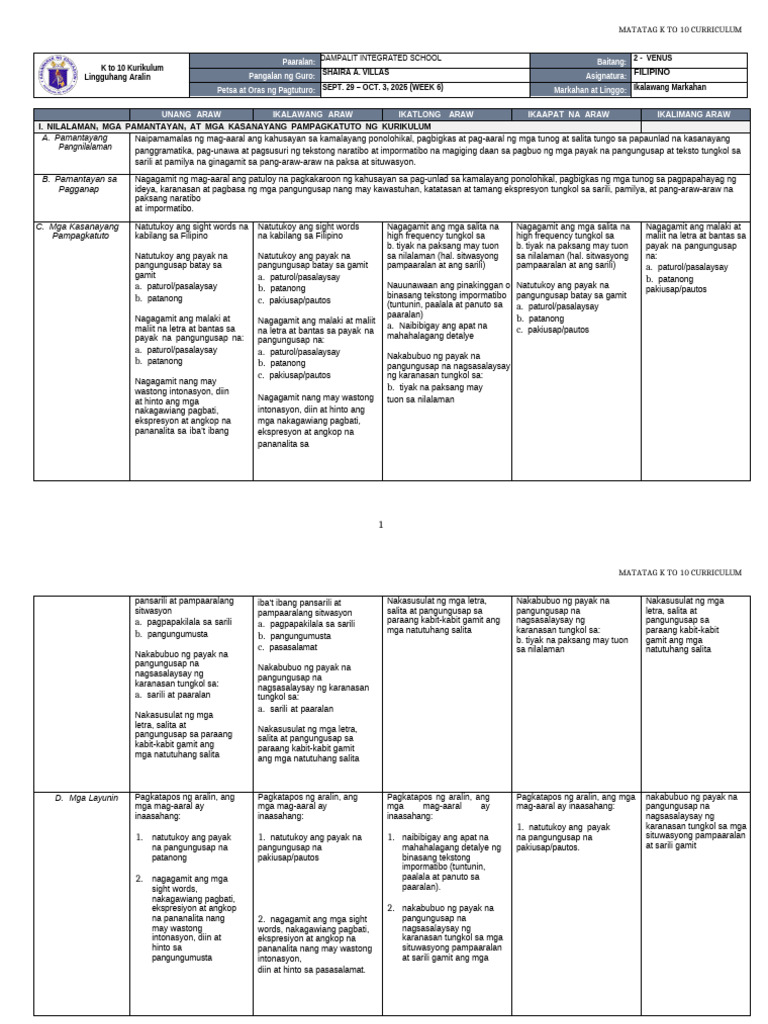 DLL Week 6 Filipino | PDF