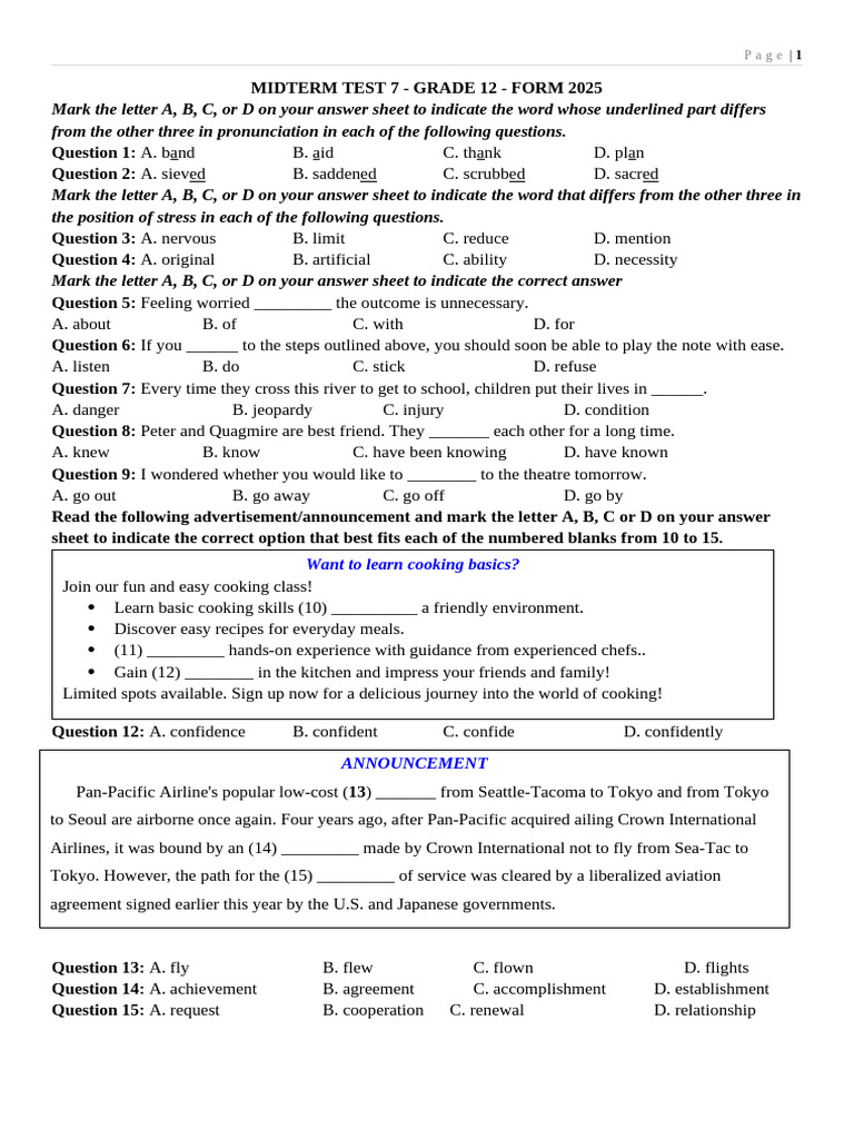 Grade 12 Midterm Test 2025 Questions | PDF | Happiness | Knowledge
