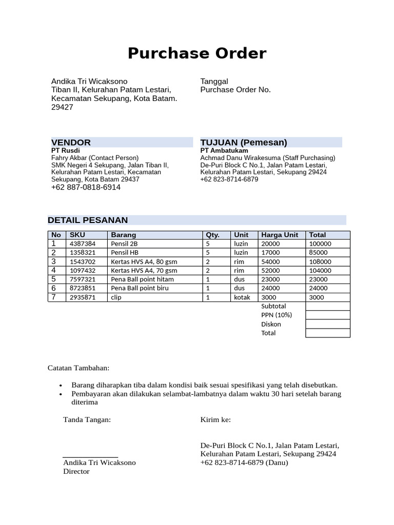 Contoh Purchase Order Barang Word | PDF