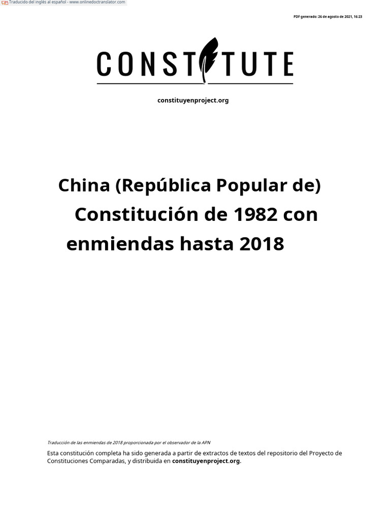 Constitución de China: 1982 y Enmiendas 2018 | PDF | China | Política ...