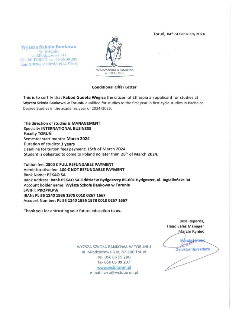 Conditional Offer Letter Kabod Gudeta Wegisa | PDF