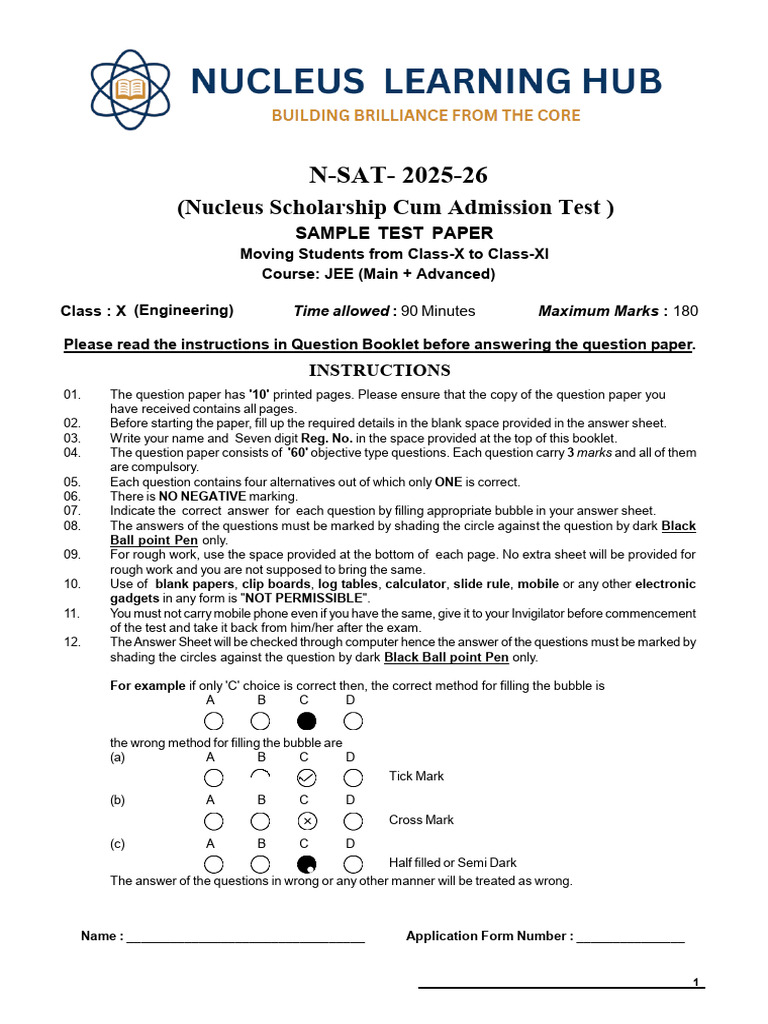 NLH N-SAT - SAMPLE PAPER - ENG - 2025-26 (10 TH Moving To 11th) | PDF ...