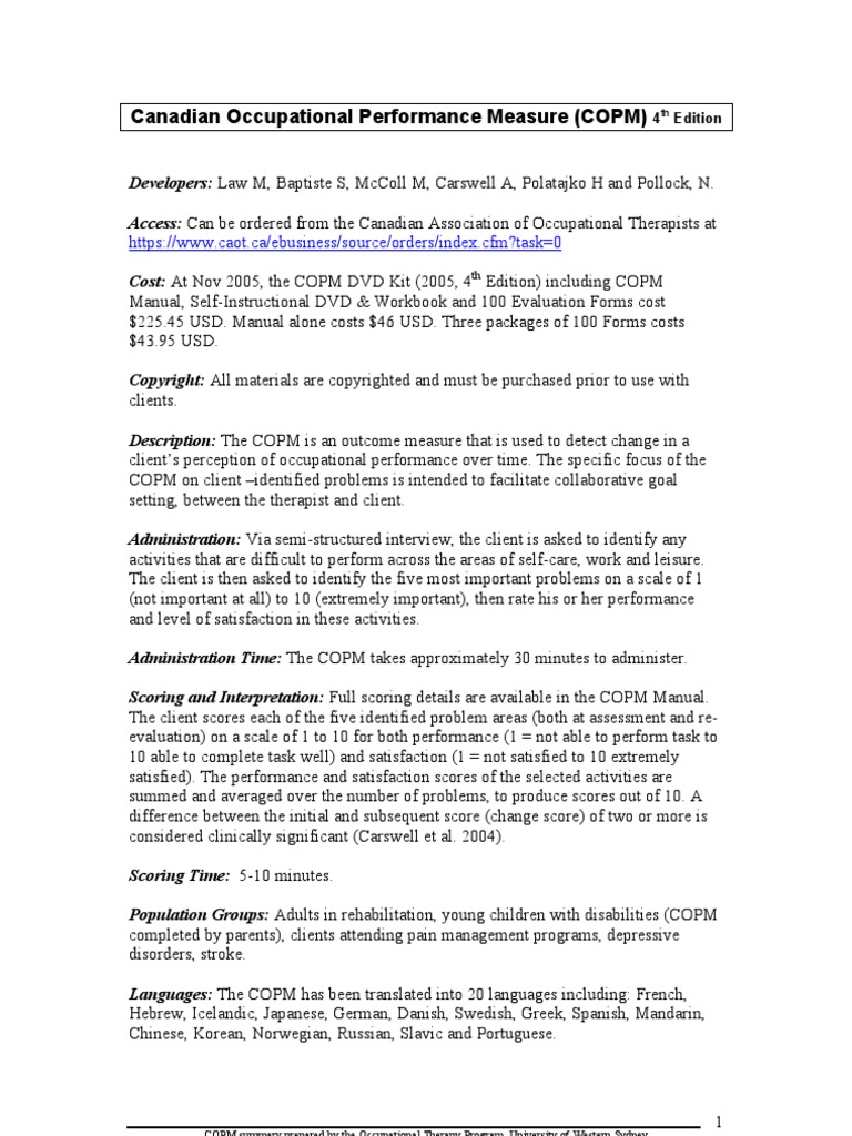 Canadian Occupational Performance Measure (COPM) : 4 Edition | PDF ...