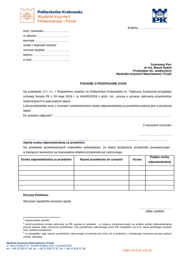 Podanie o Przepisanie Ocen | PDF