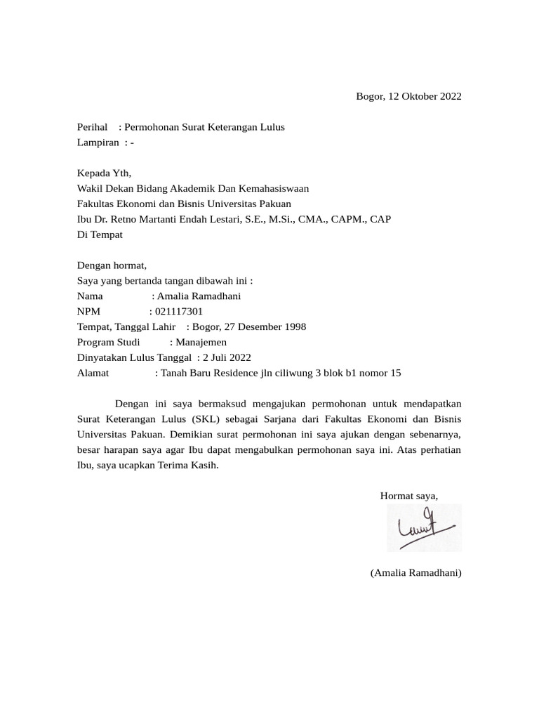 Surat Permohonan SKL - Amalia Ramadhani - 021117301 | PDF