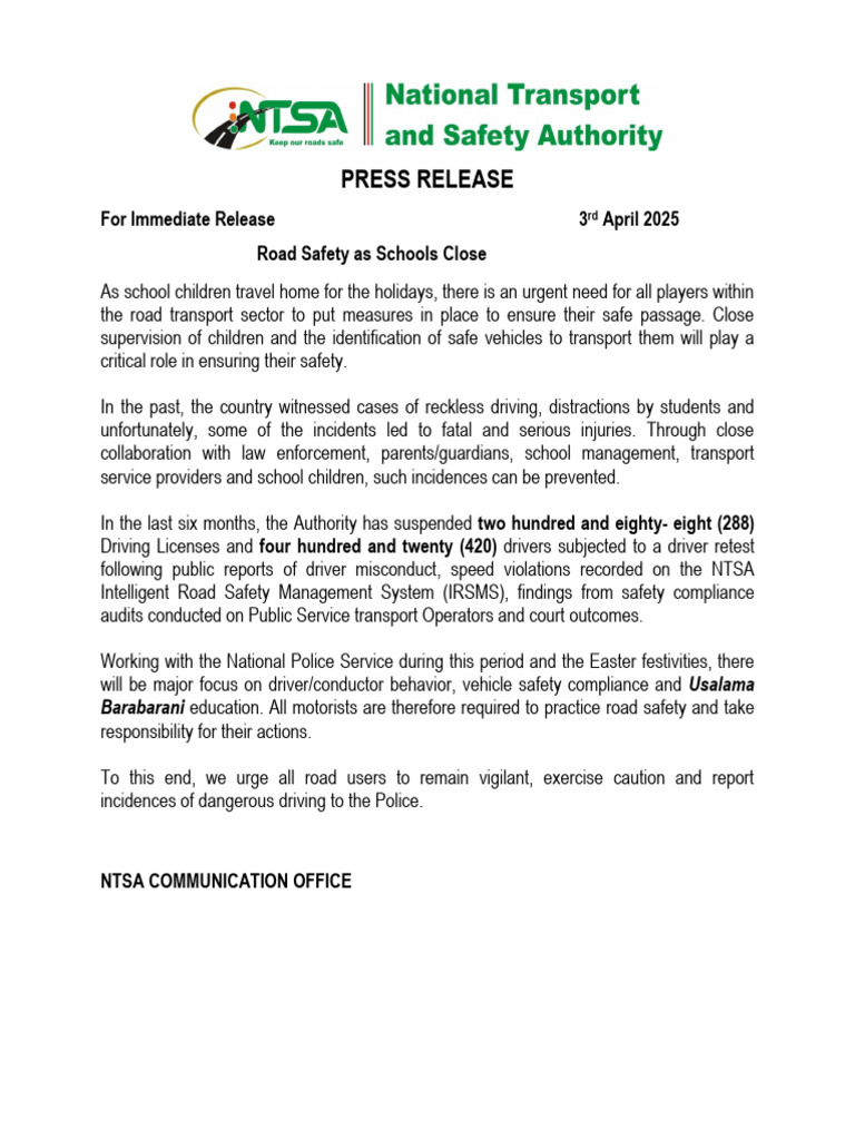 Ntsa Press Release On School Road Safety | PDF