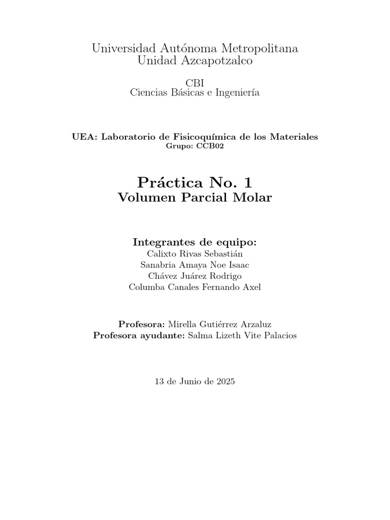 Practica 1 Volumen Parcial Molar | PDF | Mezcla | Densidad