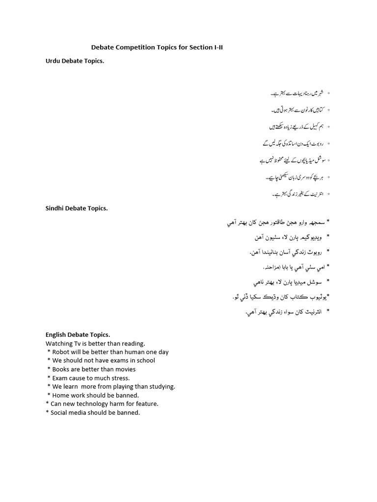 Debate Competition Topics For Section I&II | PDF
