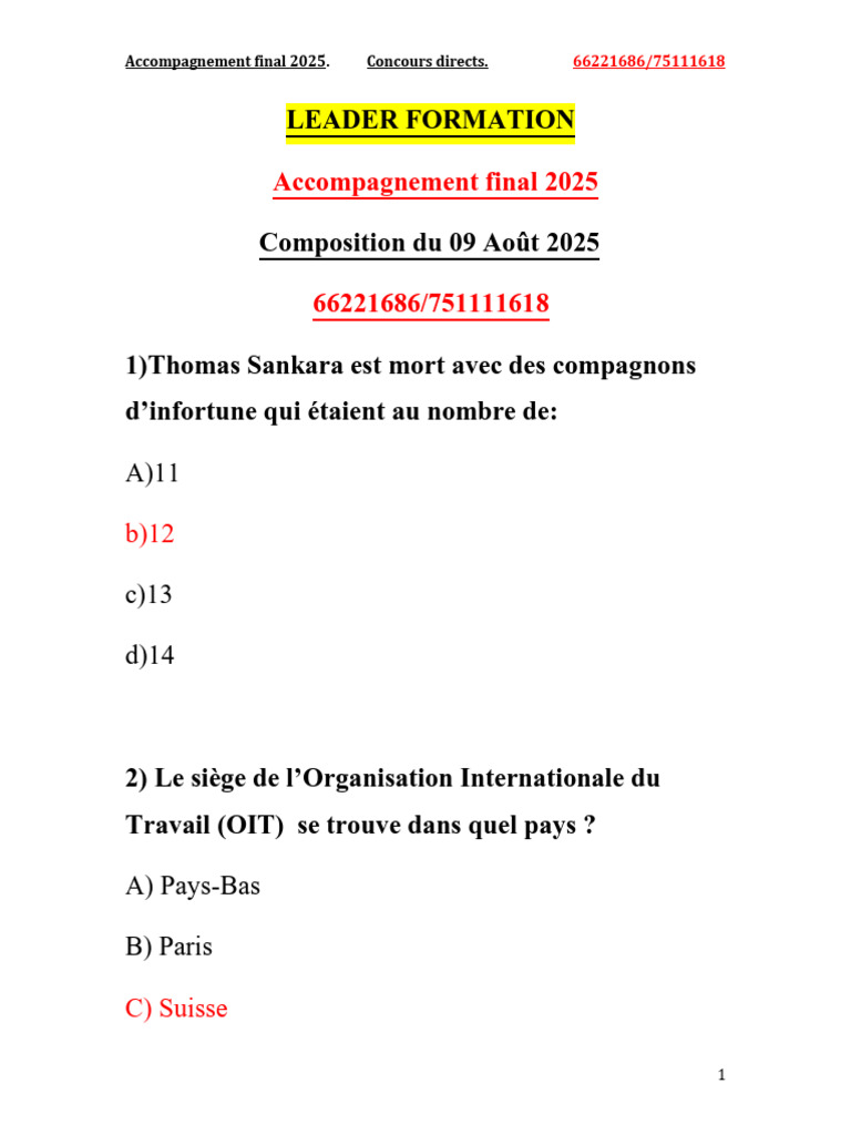 Questions de concours 2025 - Accompagnement | PDF | Mitose | Mali
