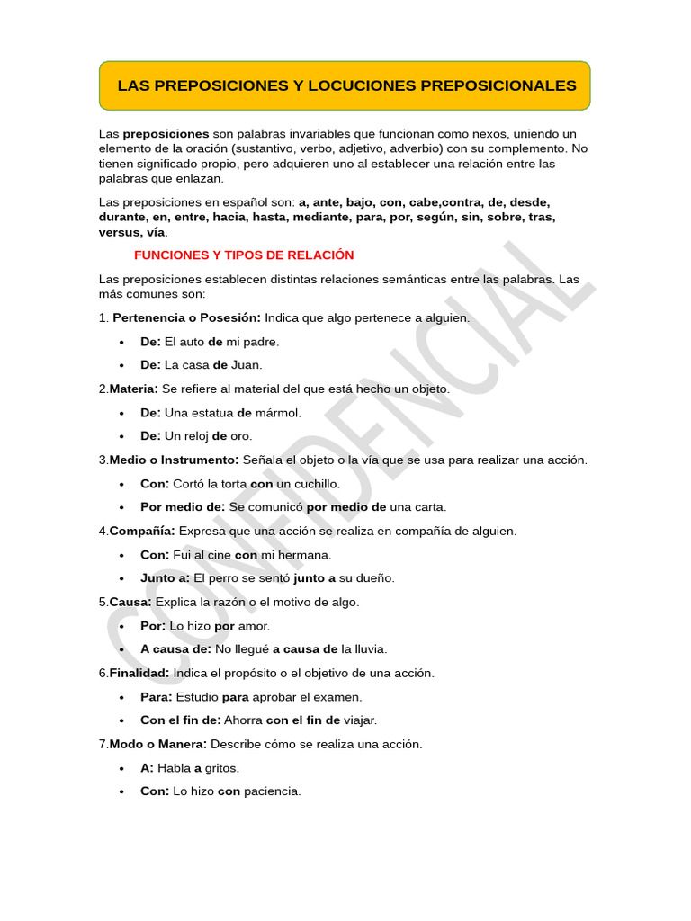 Ficha Preposiciones y Locuciones Preposicionales | PDF | Adverbio ...