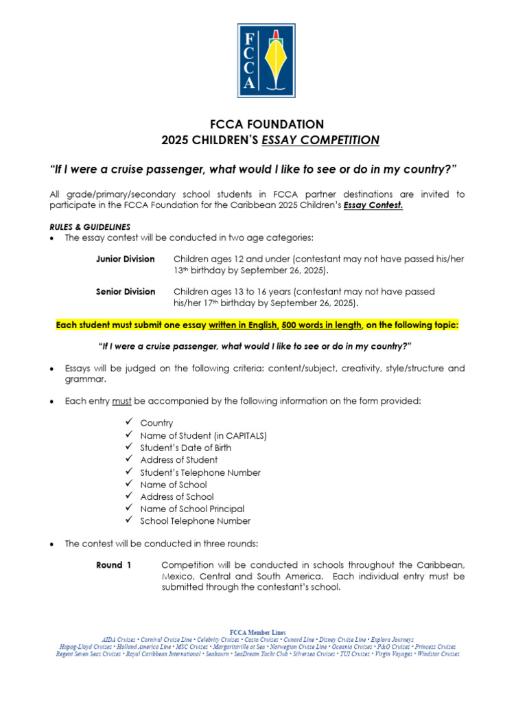 FCCA 2025 Children's Essay Contest | PDF | Cruise Ship | Cruise Lines