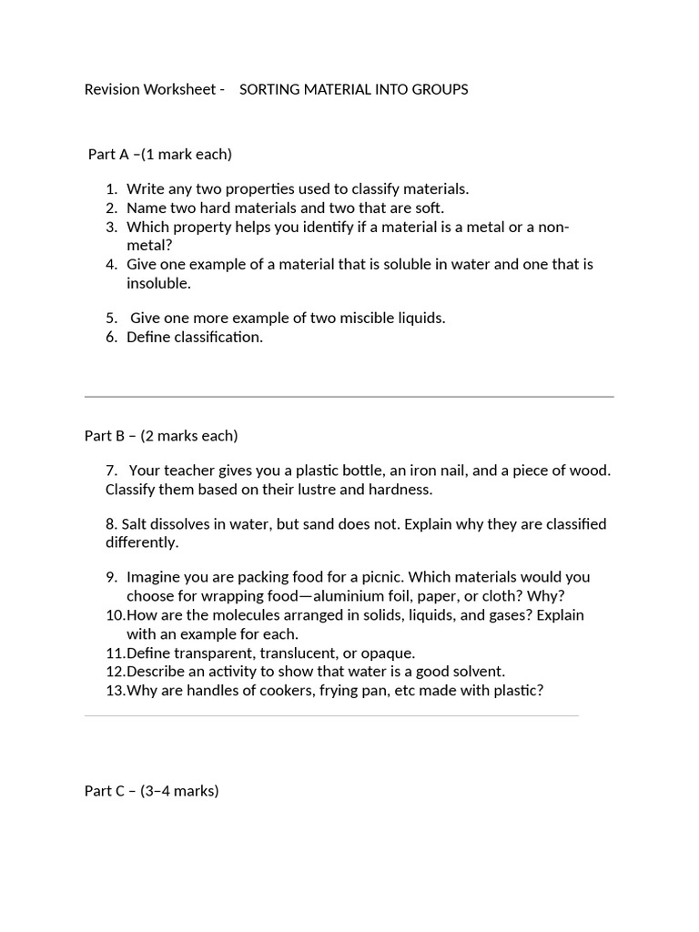 Revision Worksheet Sorting Material Into Groups 1757693672 | PDF