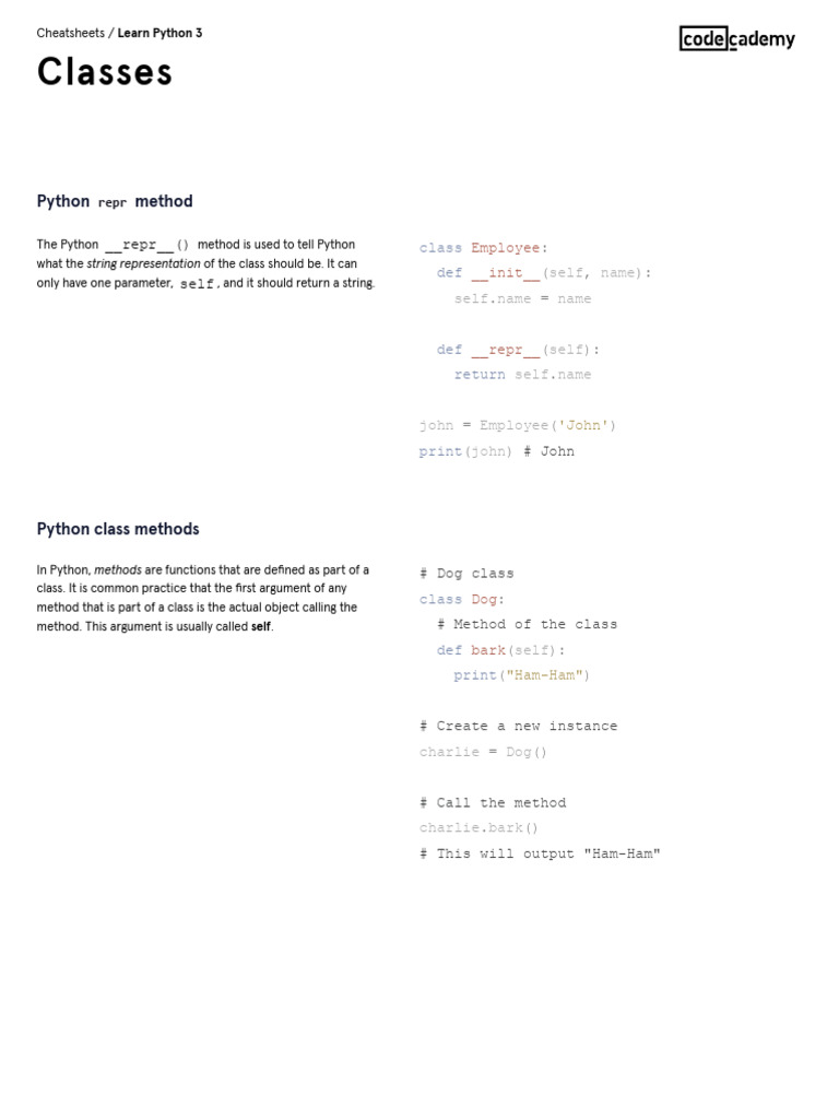 Learn Python 3 - Classes Cheatsheet - Codecademy | PDF | Class (Computer Programming ...