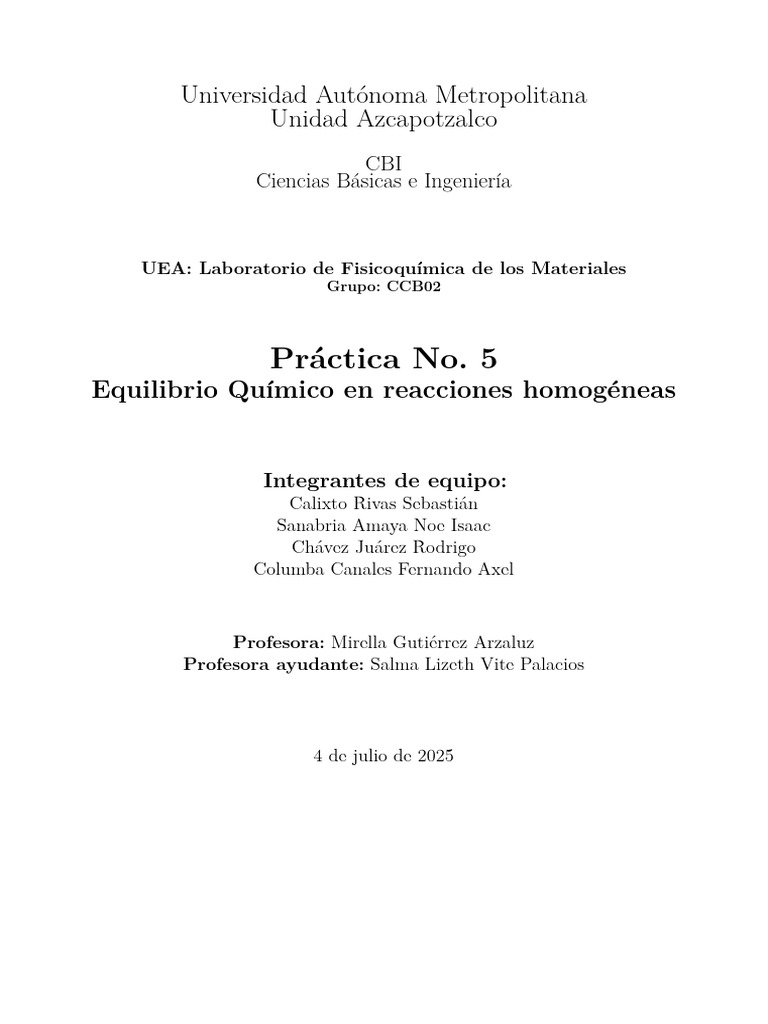 Equilibrio Químico en Reacciones Homogéneas | PDF | Equilibrio químico ...