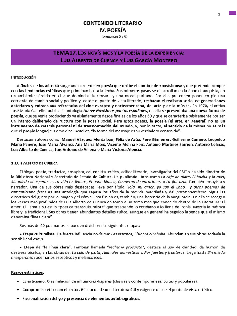 Tema 17 - Los Novísimos y La Poesía de La Experiencia. Luis Alberto de ...
