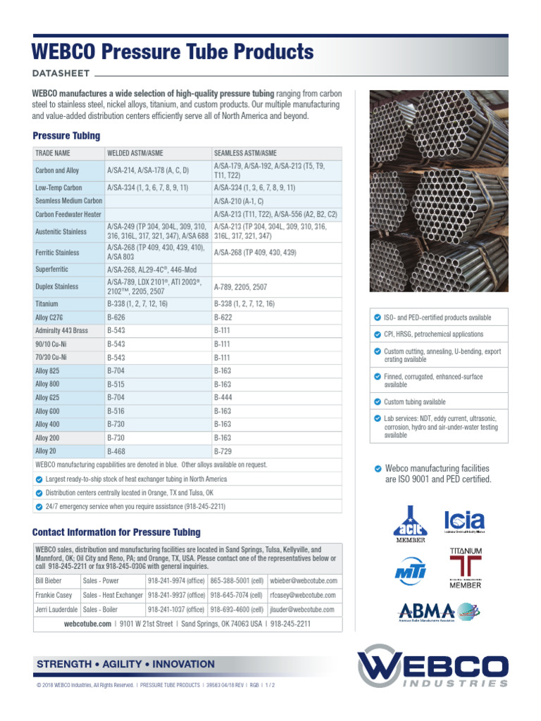 WEBCO Pressure Tube Products Overview | PDF | Stainless Steel ...