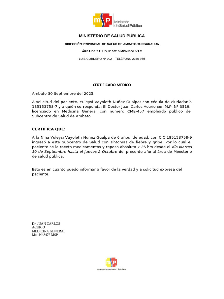 Certificado Medico MSP | PDF