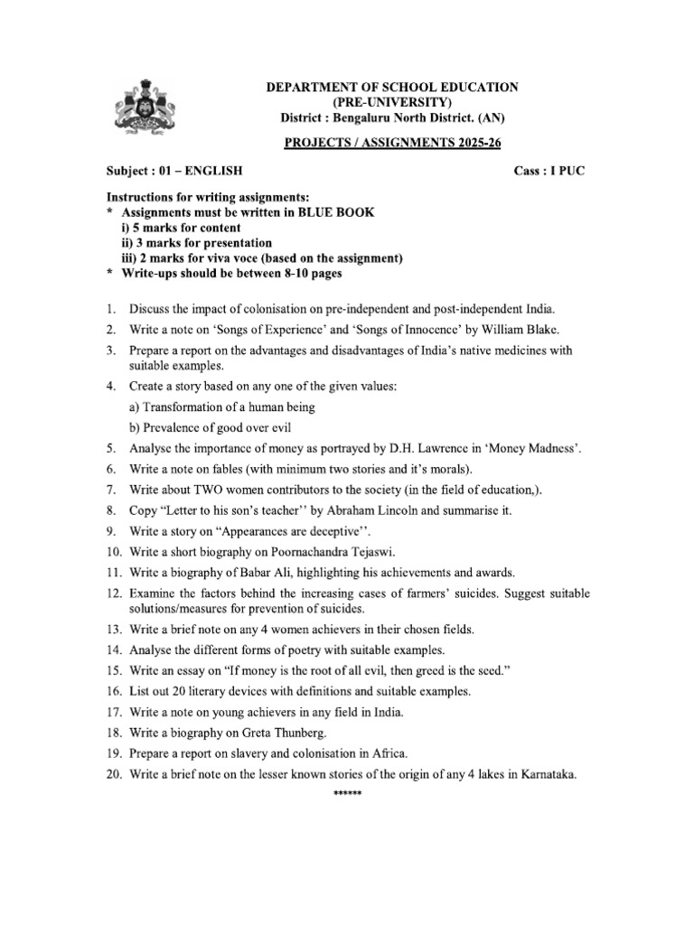 I Pu English Assignment Topics | PDF