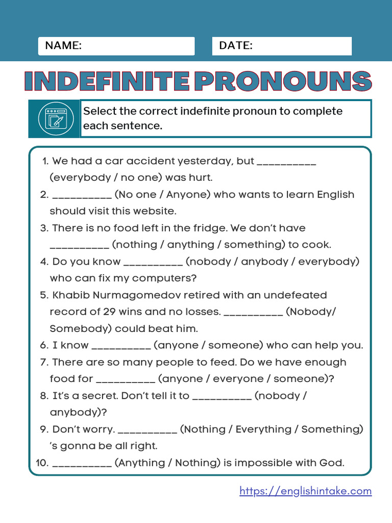 Indefinite Pronouns Practice Exercises | PDF