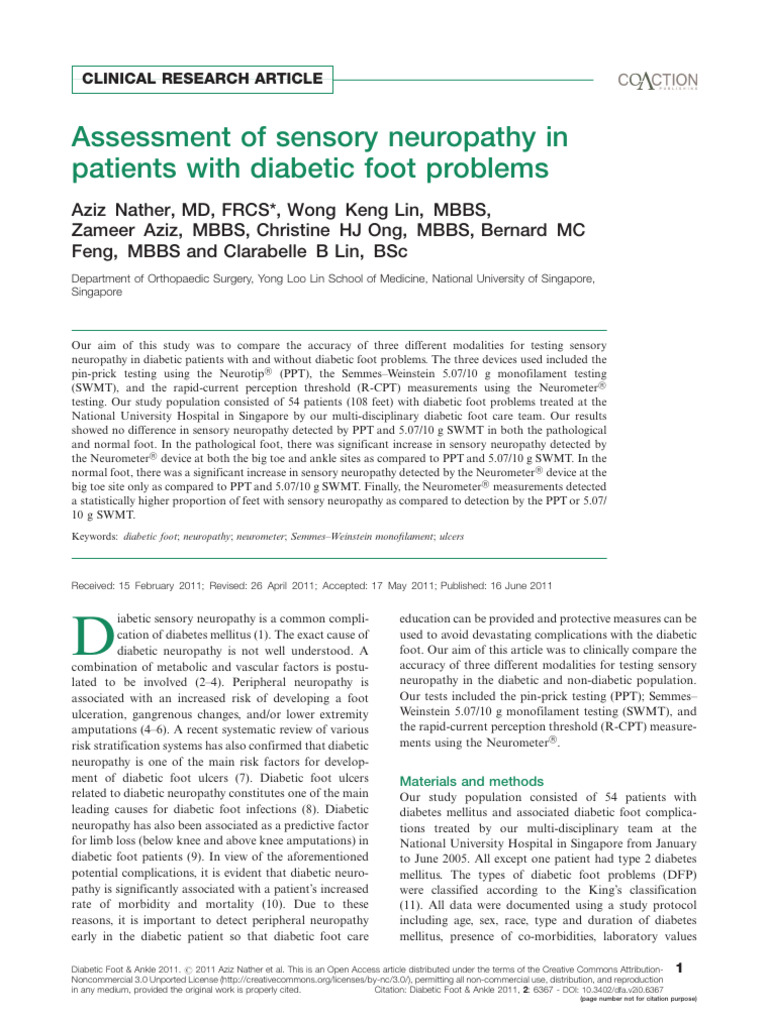 Assessment of Sensory Neuropathy in Patients With Diabetic Foot ...