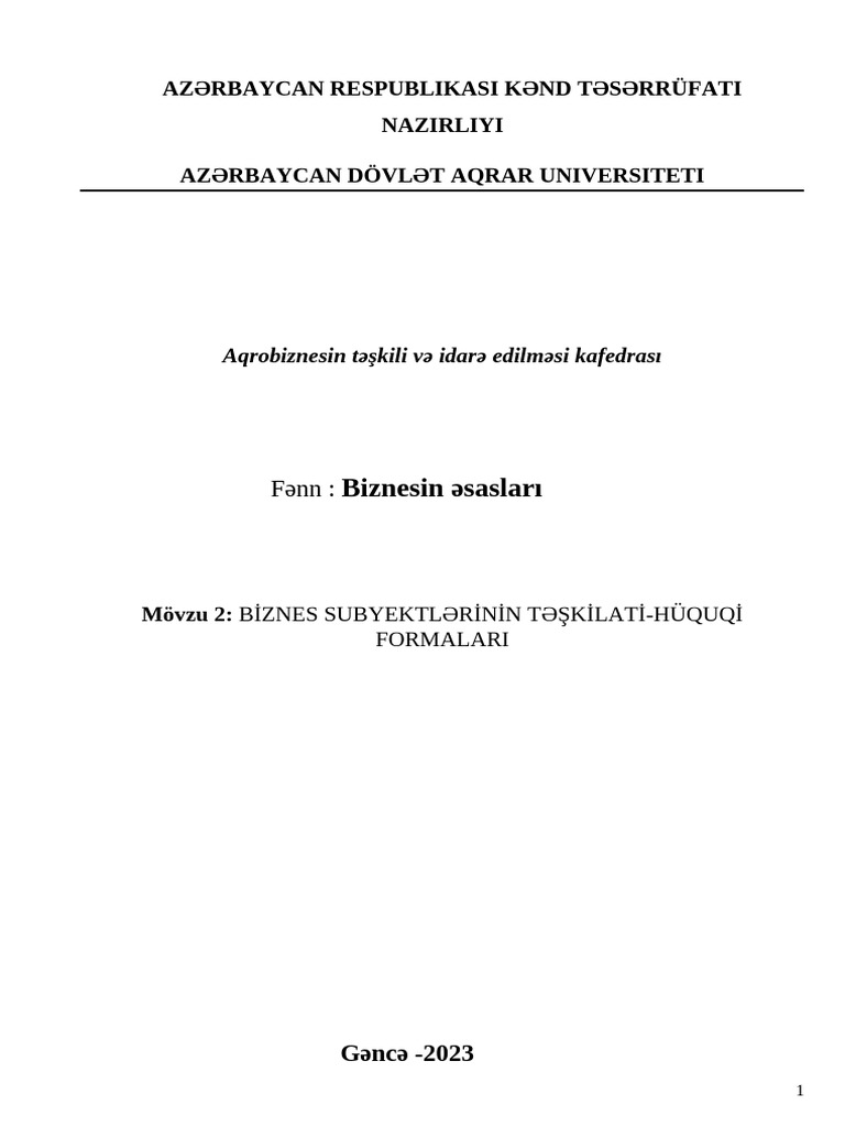 B.Ə. M 2 Bi̇znesi̇n Təşki̇lati̇-Hüquqi̇ Formalari | PDF