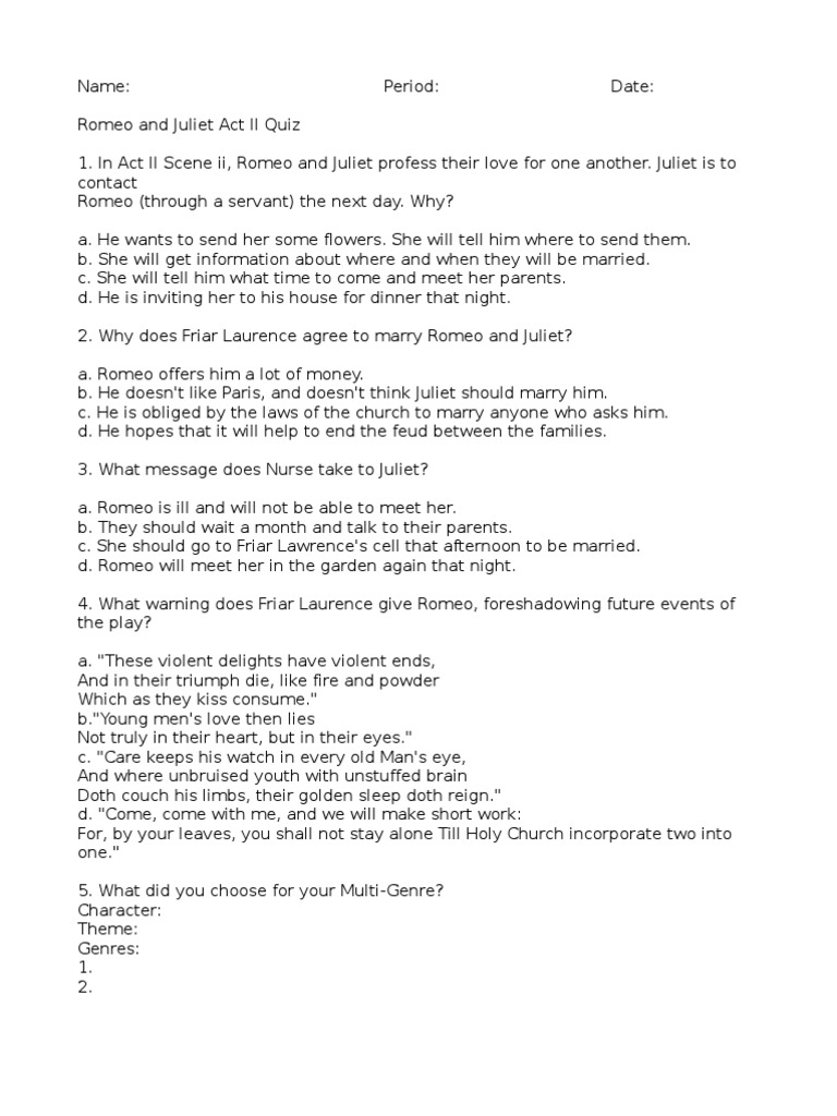 Romeo and Juliet Act II Quiz | PDF | Romeo And Juliet
