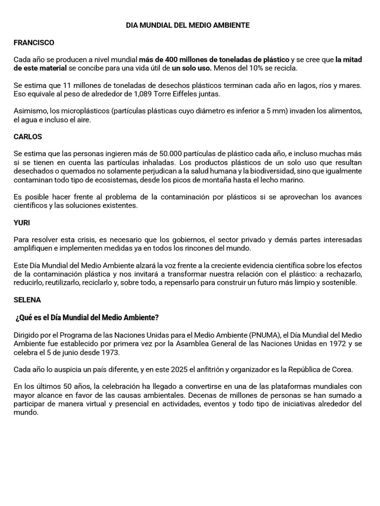 Dia Mundial Del Medio Ambiente | PDF | Entorno natural | El plastico