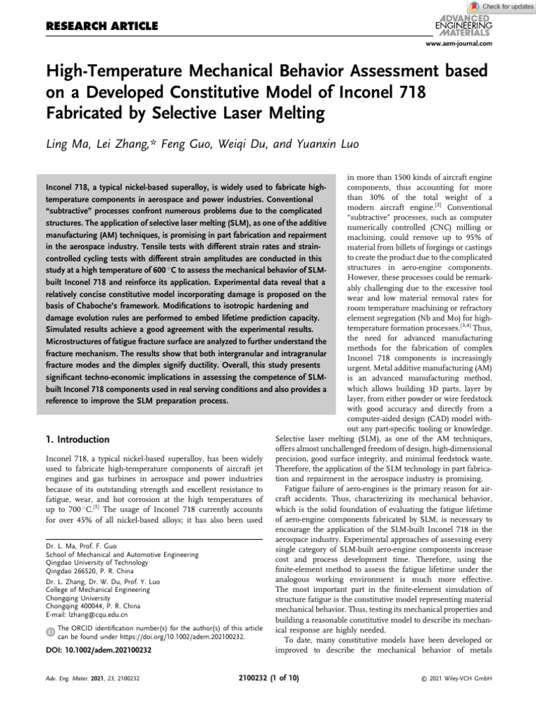 Adv Eng Mater - 2021 - Ma - High Temperature Mechanical Behavior Assessment Based On A Developed ...