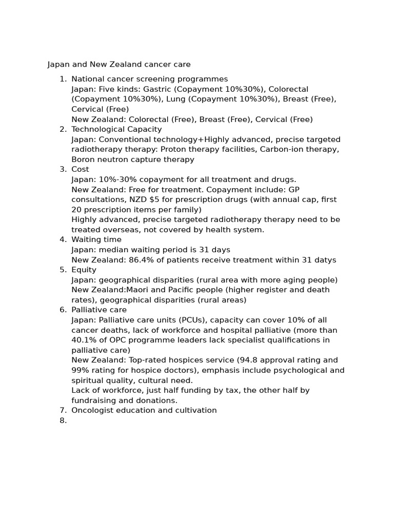 Japan and New Zealand Cancer Care | PDF