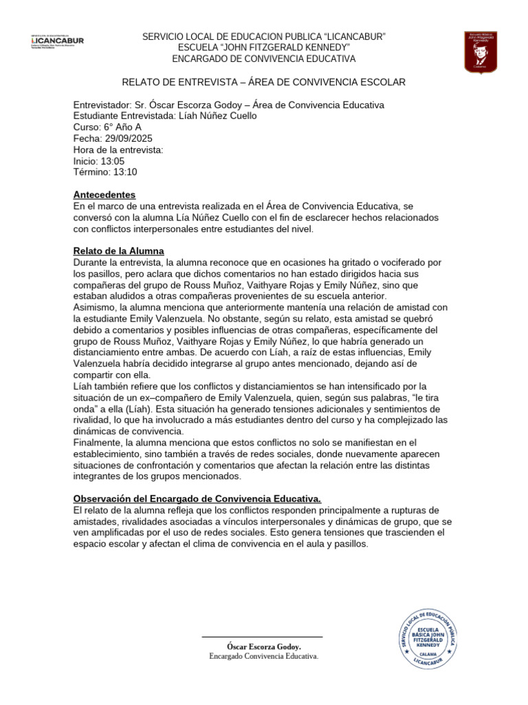 Relato de Entrevista Liah Núñez Cuello | PDF