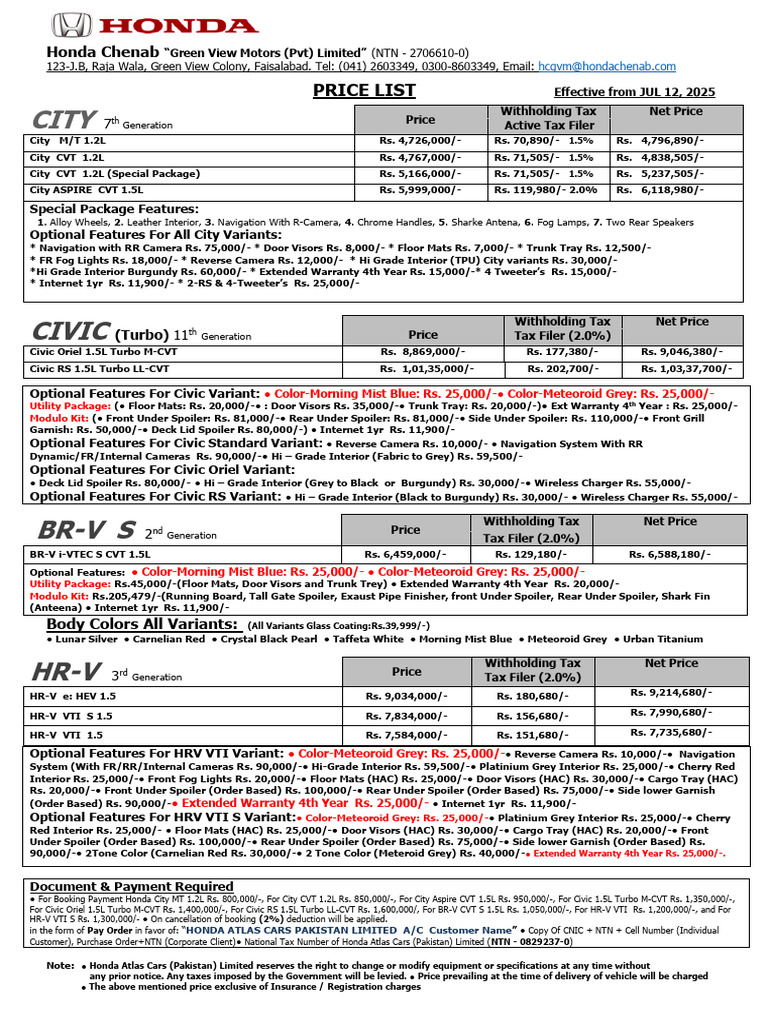 Honda Vehicle Price List 2025 | PDF | Off Road Vehicles | Motor Vehicle