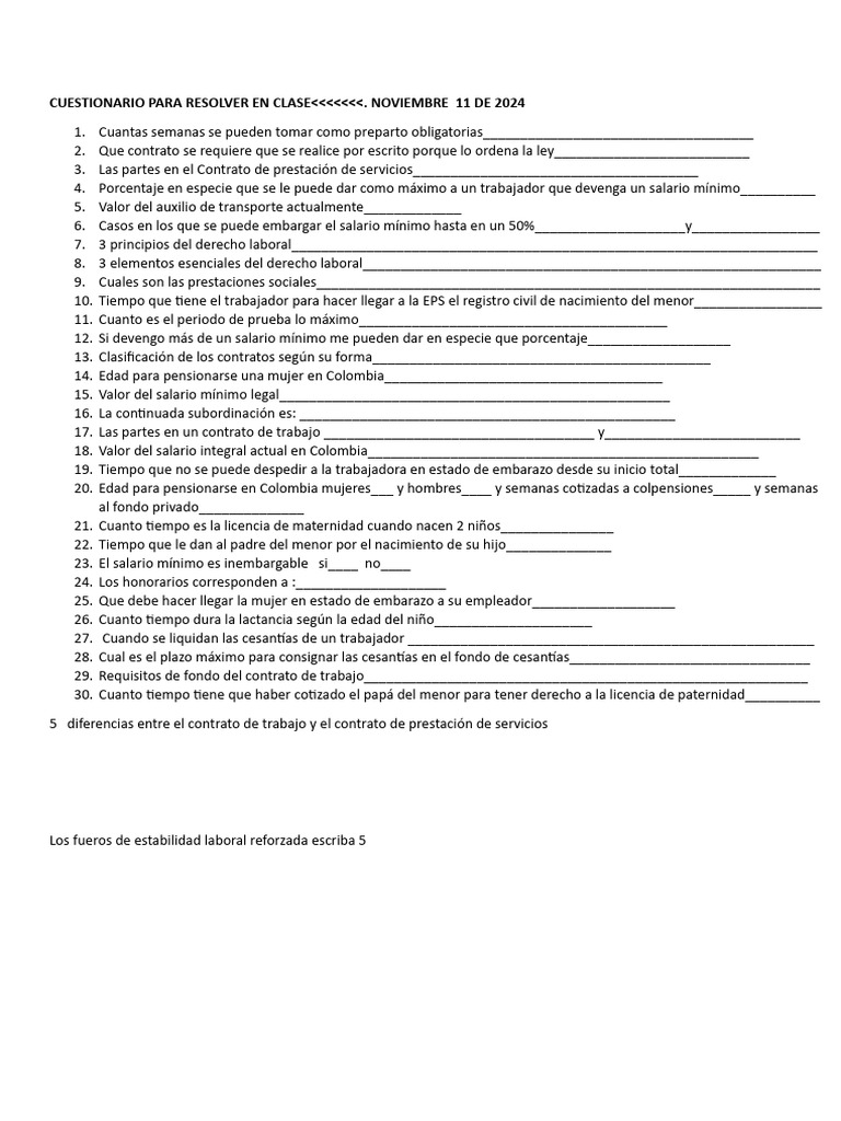 Cuestionario para Resolver en Clase Laboral | PDF
