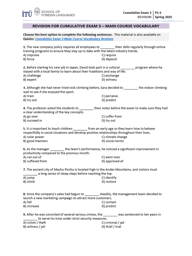 P1-S Revision For Cumulative Exam 3 - Main Course VOCABULARY (Student's ...