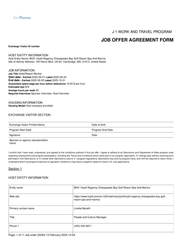 J-1 Hotel/Resort Worker Job Offer | PDF | Tableware | Housekeeping