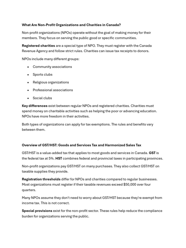 Tax Exemptions & GST HST For Non-Profit Organizations in Canada | PDF ...