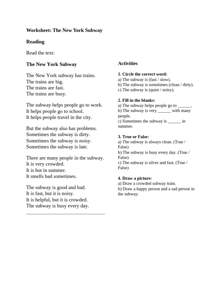 Worksheet: The New York Subway Reading: Activities | PDF