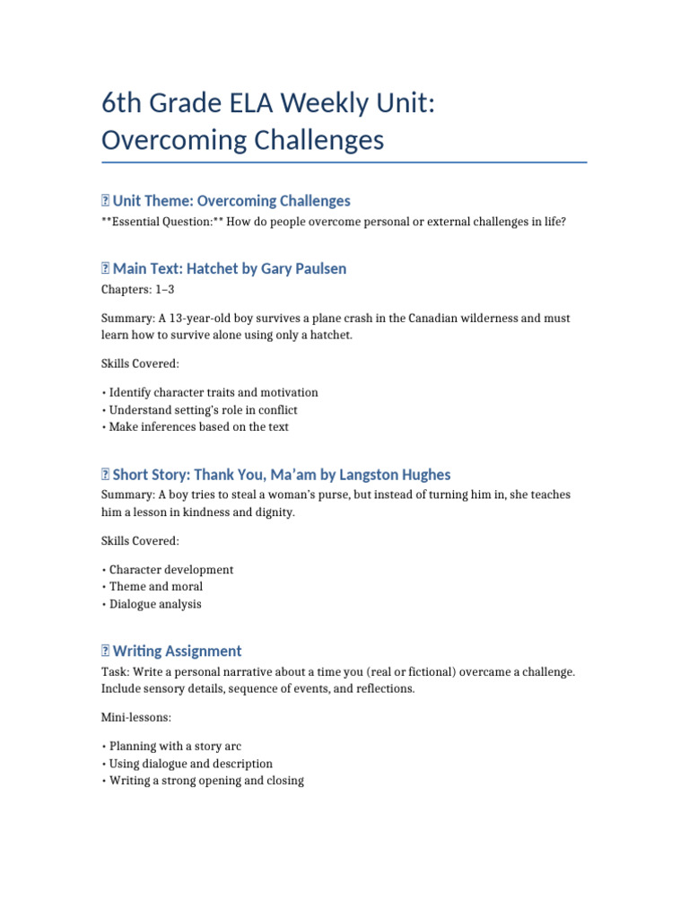 6th Grade ELA Unit Overcoming Challenges | PDF