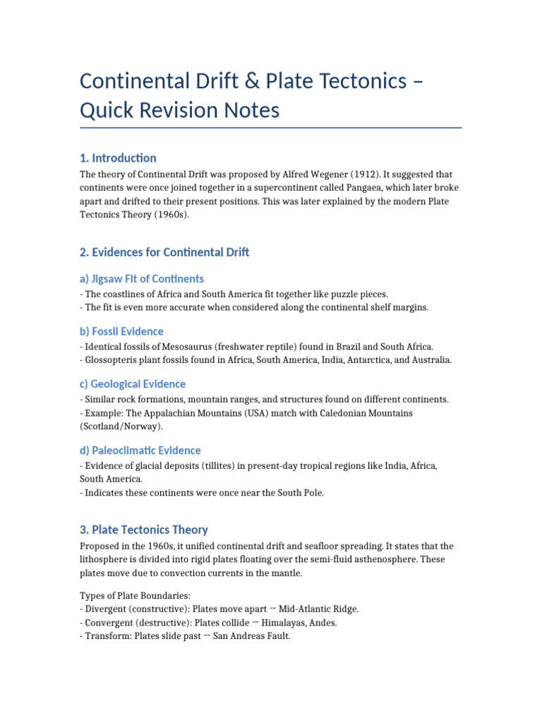 Continental Drift Plate Tectonics Notes | PDF