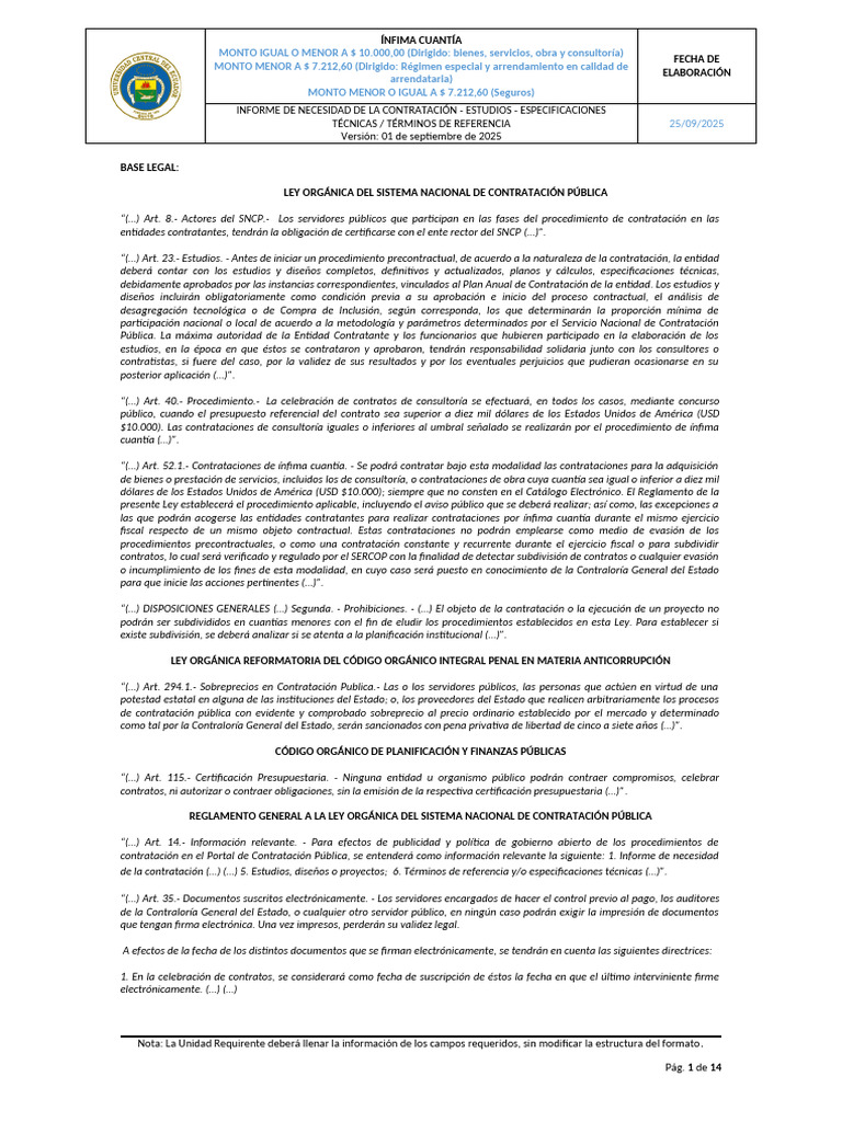 Informe Necesidad Contratacion Ic Et TDR Roll Ups2 | PDF | Presupuesto | Seguro