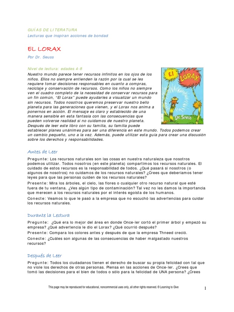 Hoja De Trabajo Sobre El Lorax Con Sus Respuestas Lorax Para Dibujar