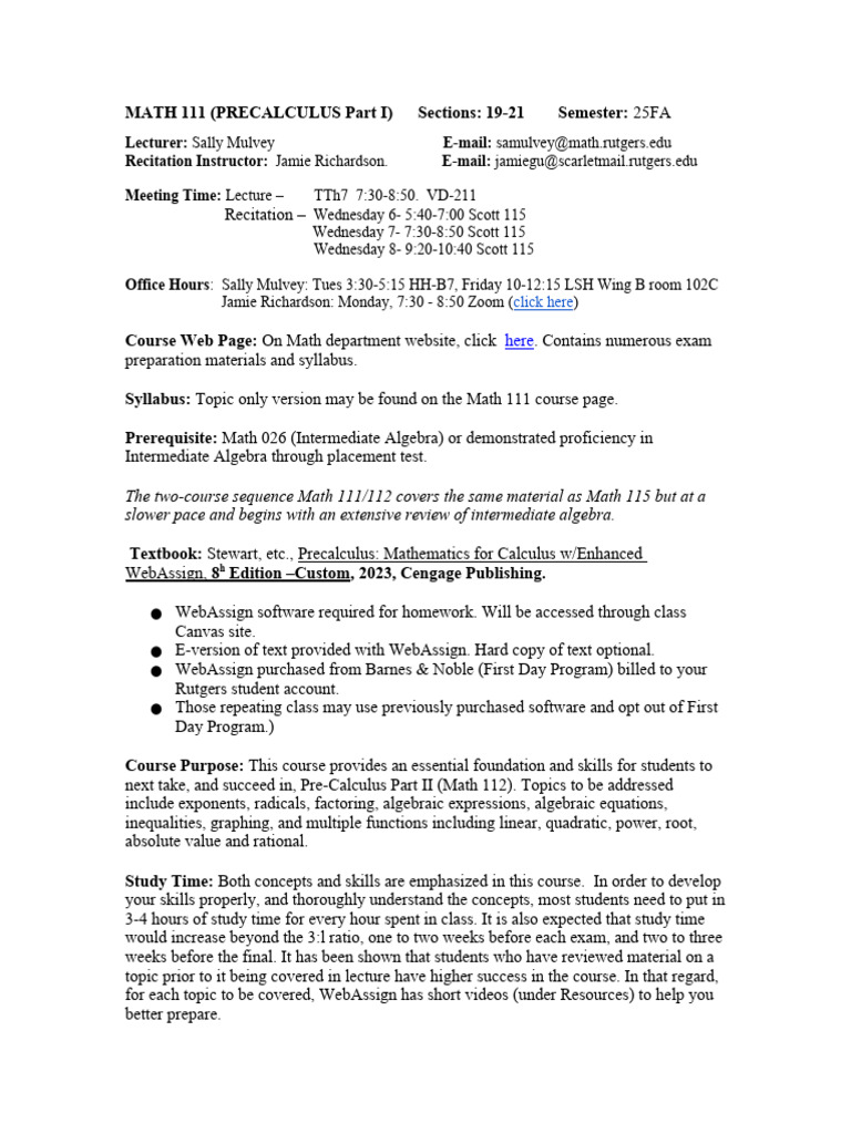 Math 111 Precalculus Course Details | PDF | Mathematics | Function ...