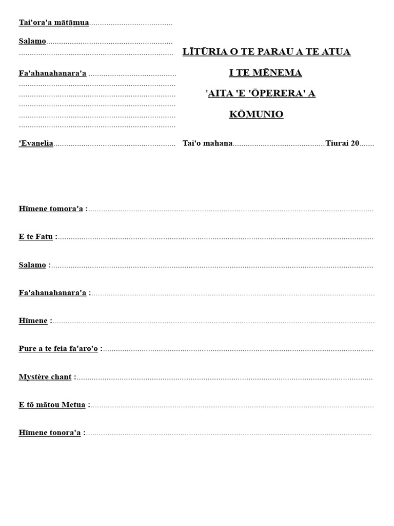 Lituria o Te Parau A Te Atua I Te Menema Aita e 'Operera'a Komunio | PDF