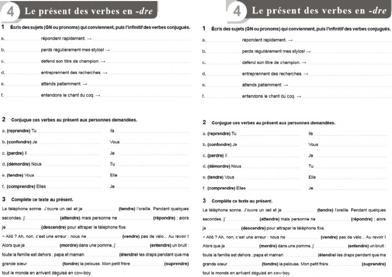 Fiche Exercices - Le Présent Des Verbes en - Dre | PDF