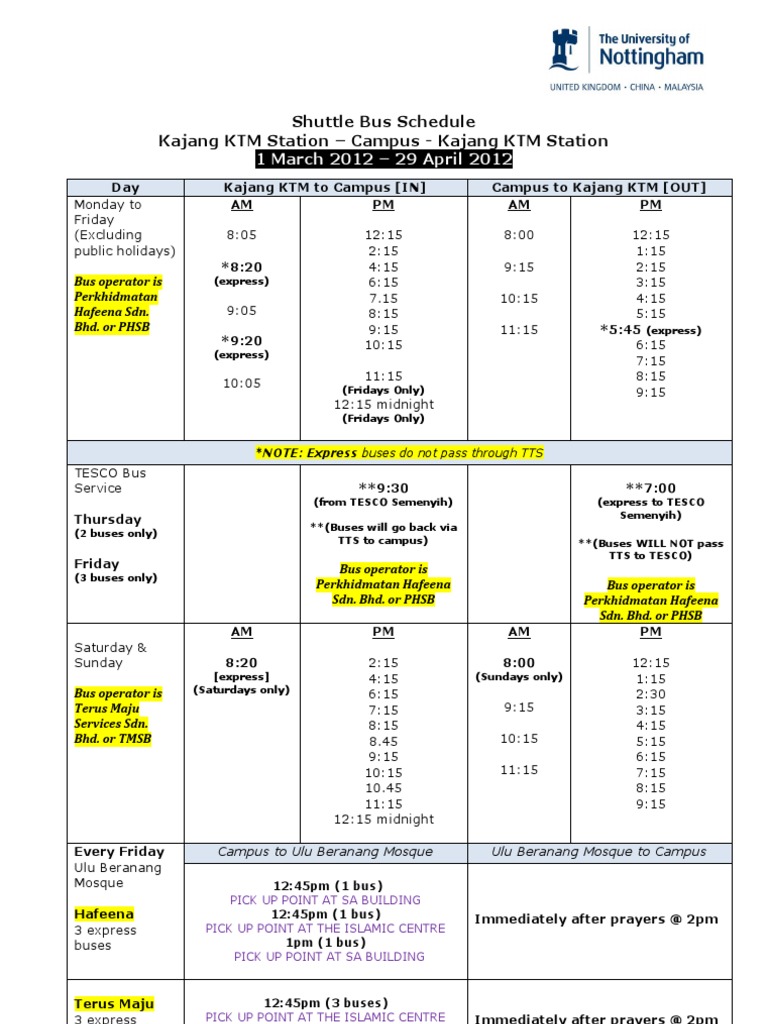 Shuttle Bus Schedule (1mar12 - 29april12) - Revised | PDF | Taxicab | Bus