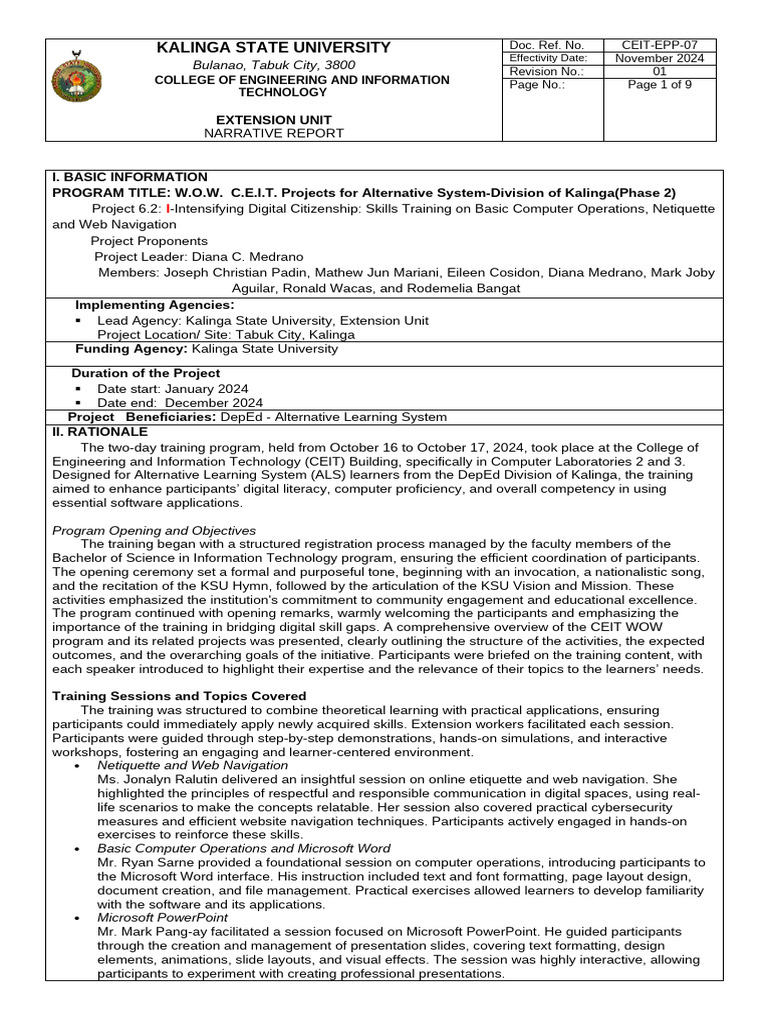 Narrative Report Final With Satisfactory Survey | PDF | Learning ...