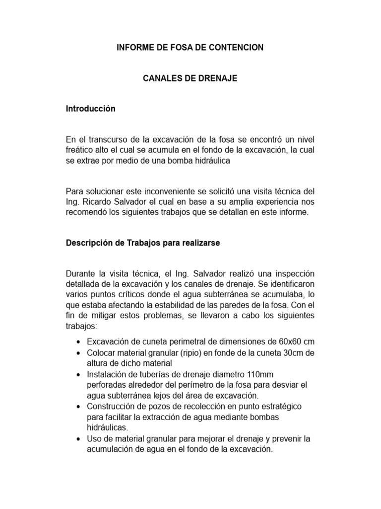 Informe de Fosa de Contencion | PDF | Agua subterránea | Abandone