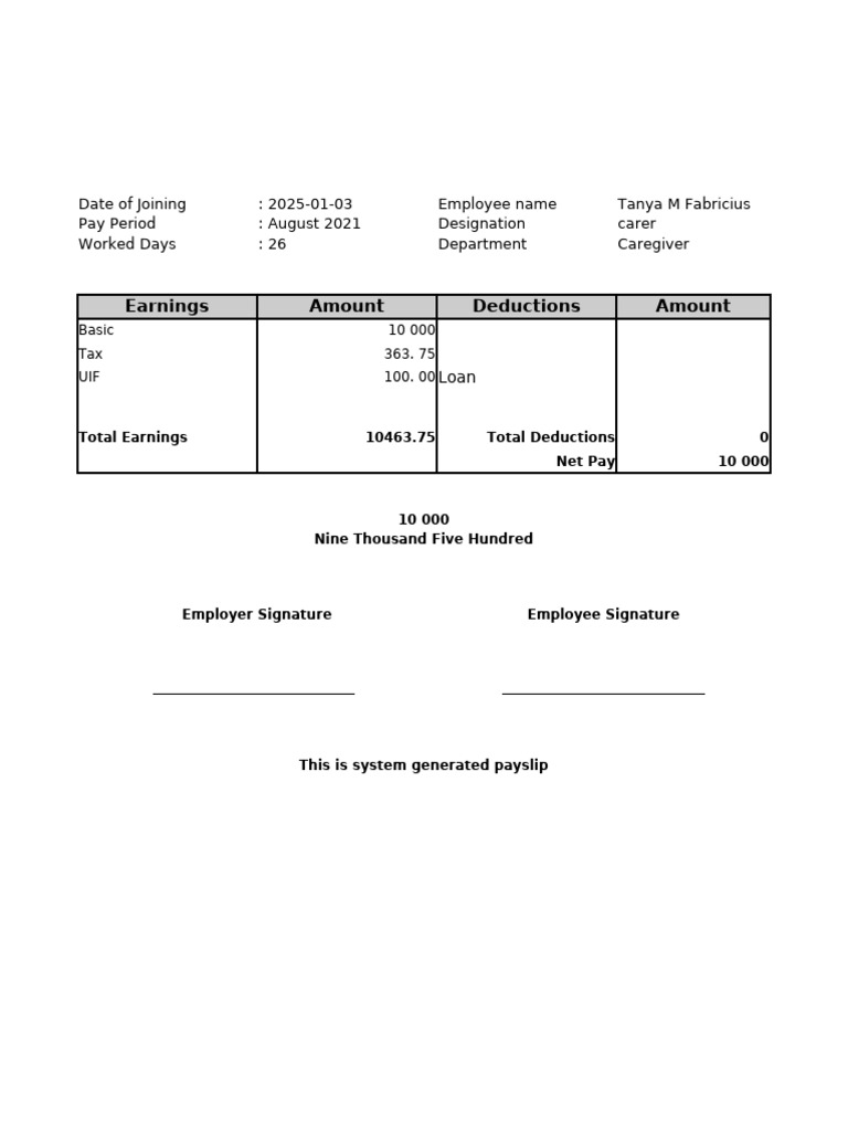 January 2025 Payslip for Tanya Fabricius | PDF