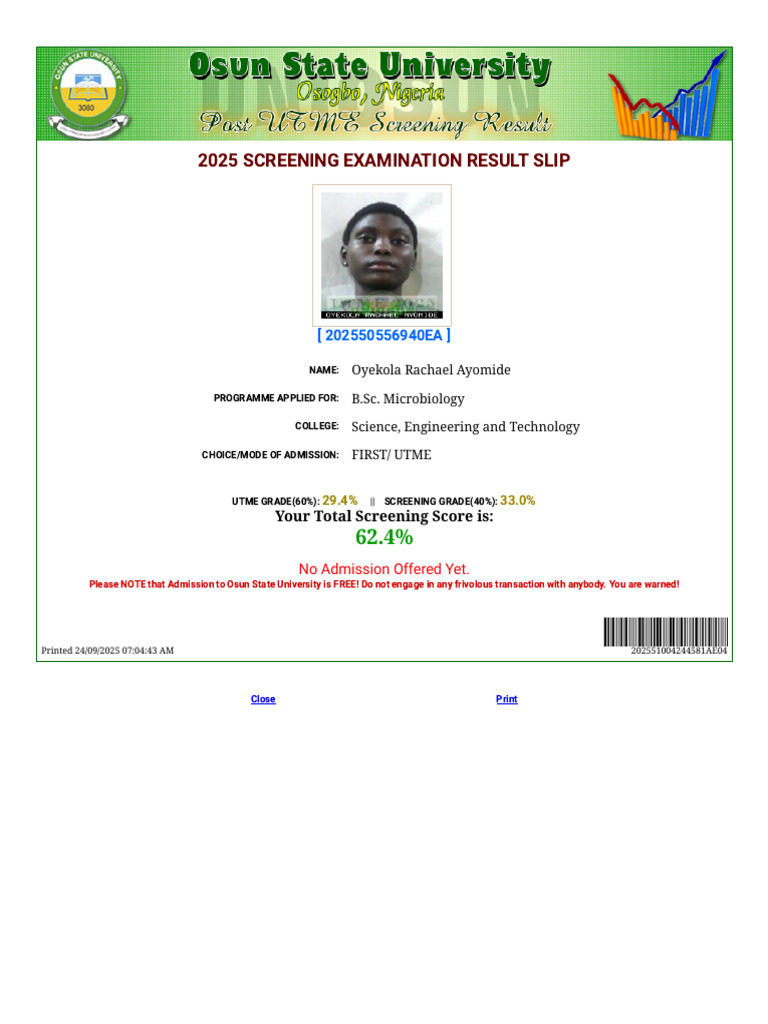 2025 Post Utme Screening Examination Result | PDF